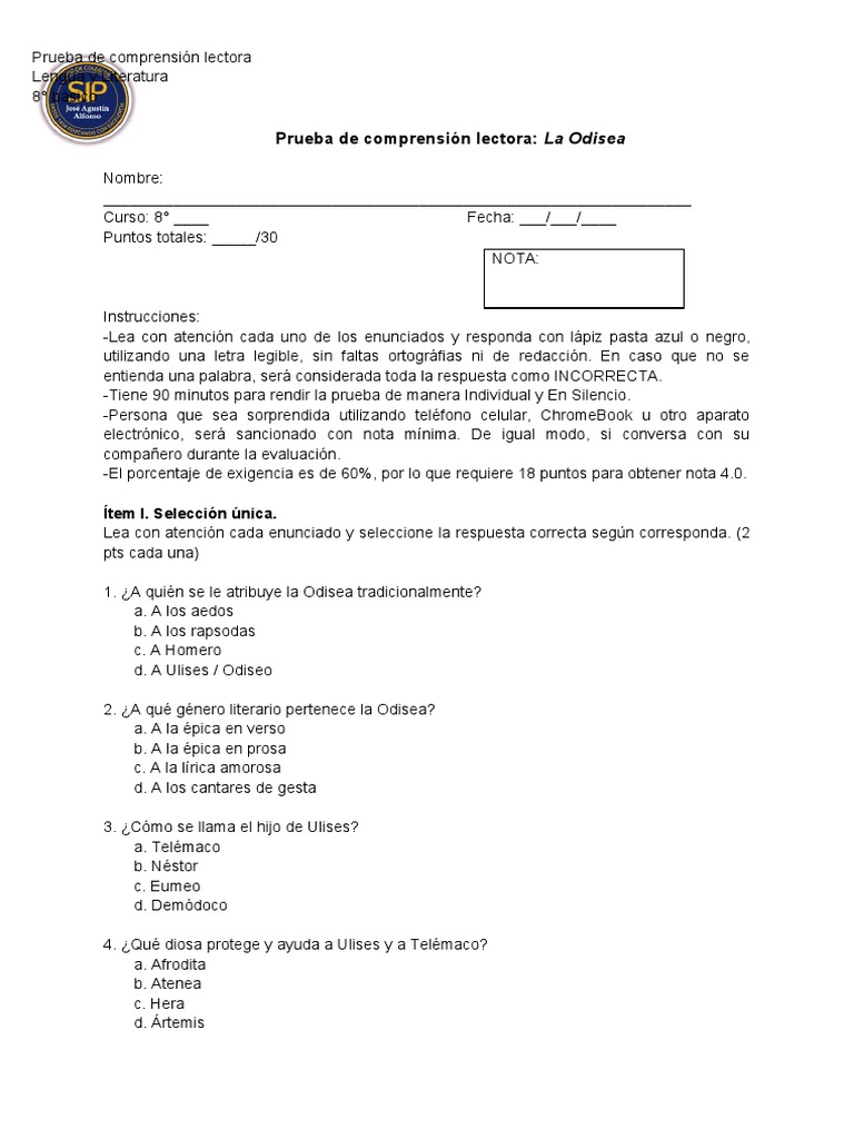 Prueba de Comprensión Lectora - La Odisea | PDF