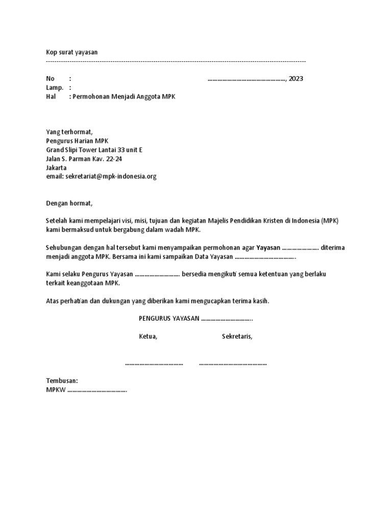 Contoh Surat Permohonan Menjadi Anggota MPK | PDF