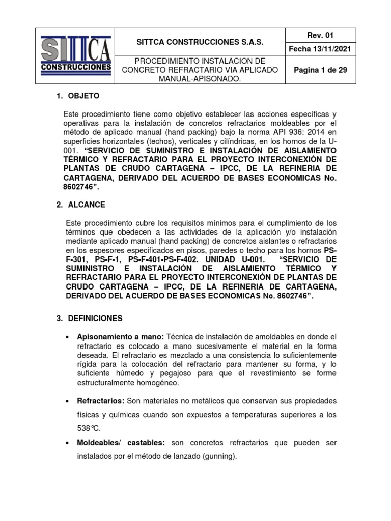 PROCEDIMIENTO INSTALACION DE CONCRETO REFRACTARIO VIA APLICADO MANUAL ... PROCEDIMIENTO INSTALACION DE CONCRETO REFRACTARIO VIA APLICADO MANUAL ...
