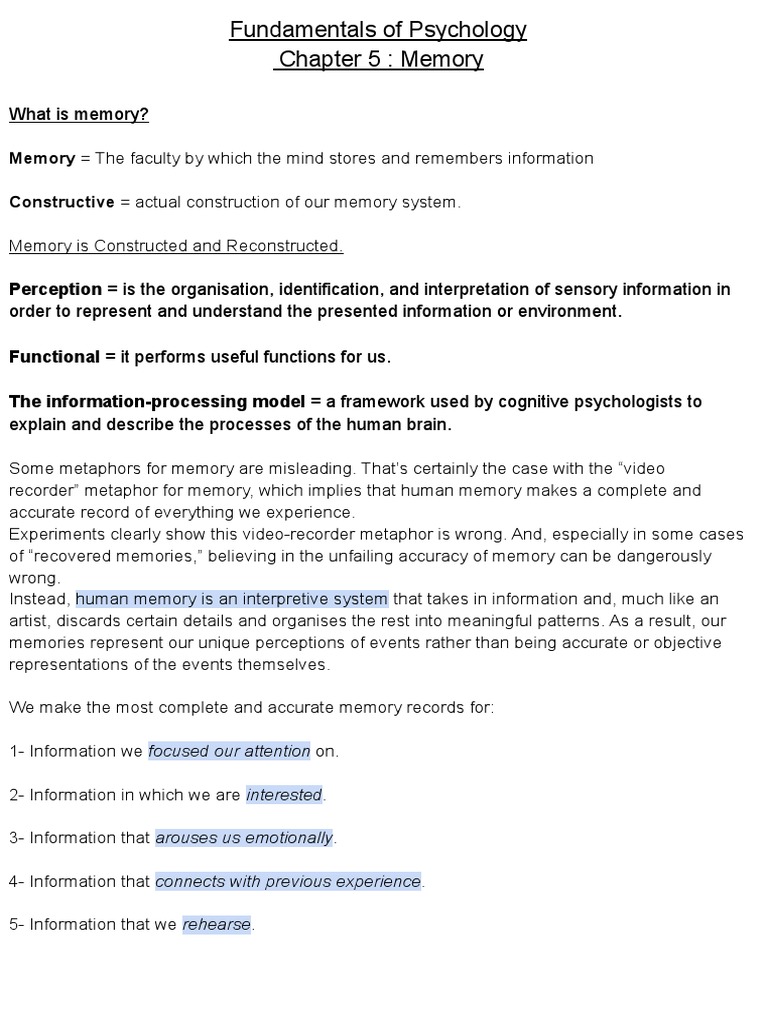 Fundamentals of Psychology Chapter 5 - Memory | PDF | Memory | Recall (Memory)