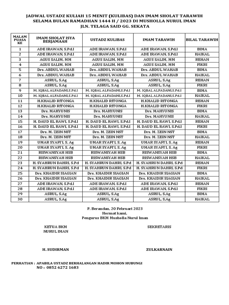 Jadwal Imam Sholat Ramadhan Nurul Iman | PDF