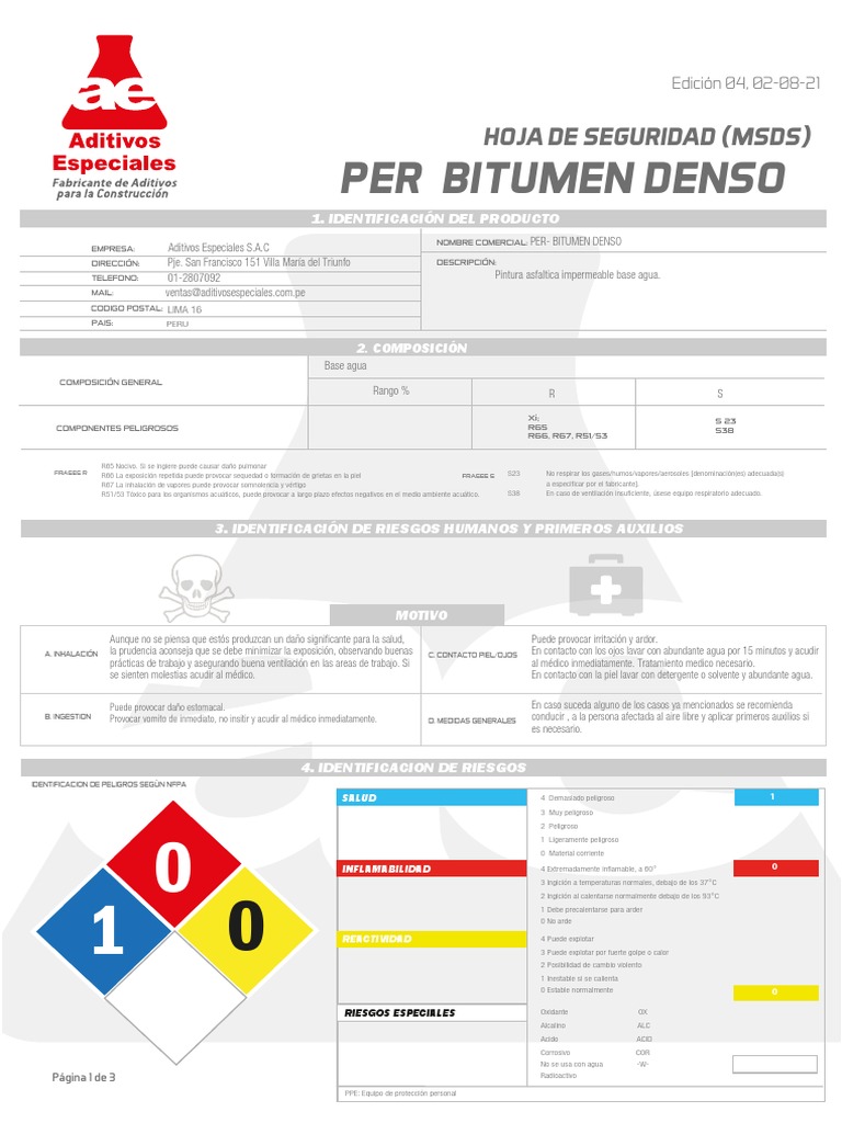 Hojas MSDS - Per Bitumen Denso | PDF | Agua | Química