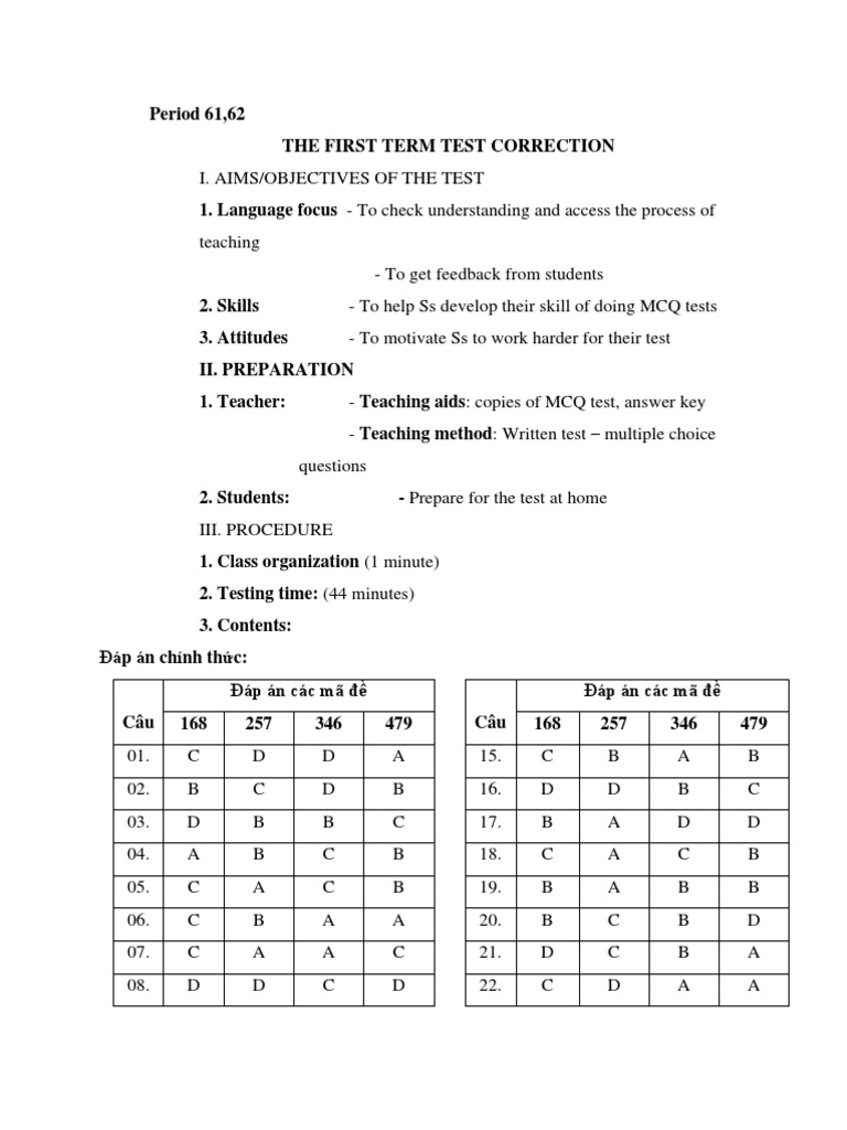TA12- Week 22- tiết 61+62+63 | PDF | Multiple Choice | Learning