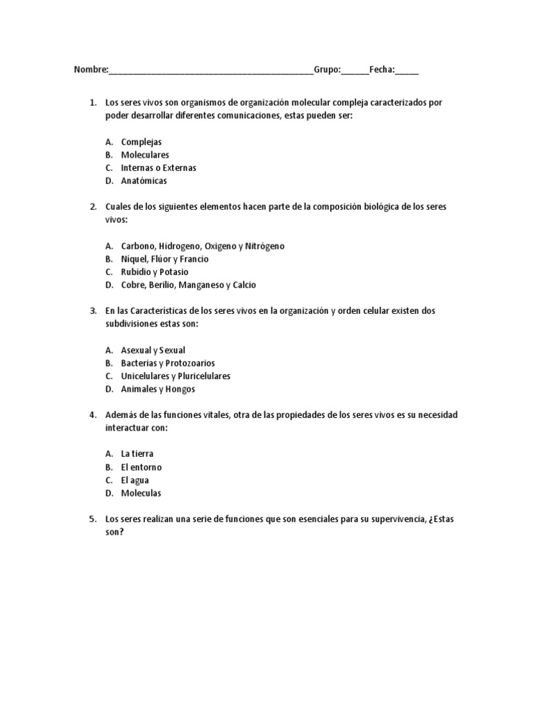 Examen de Biologia Los Seres Vivos | PDF
