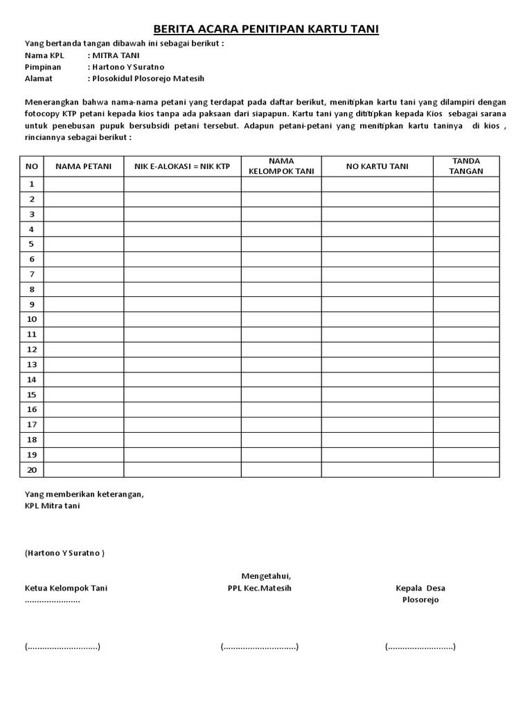 Berita Acara Penitipan Kartu Tani | PDF