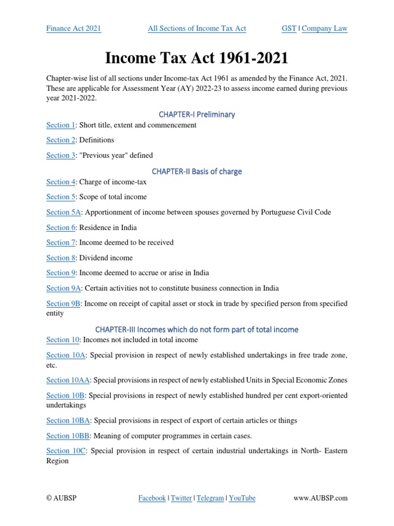 All Sections of Income Tax Act 1961 | PDF | Capital Gain | Tax Deduction