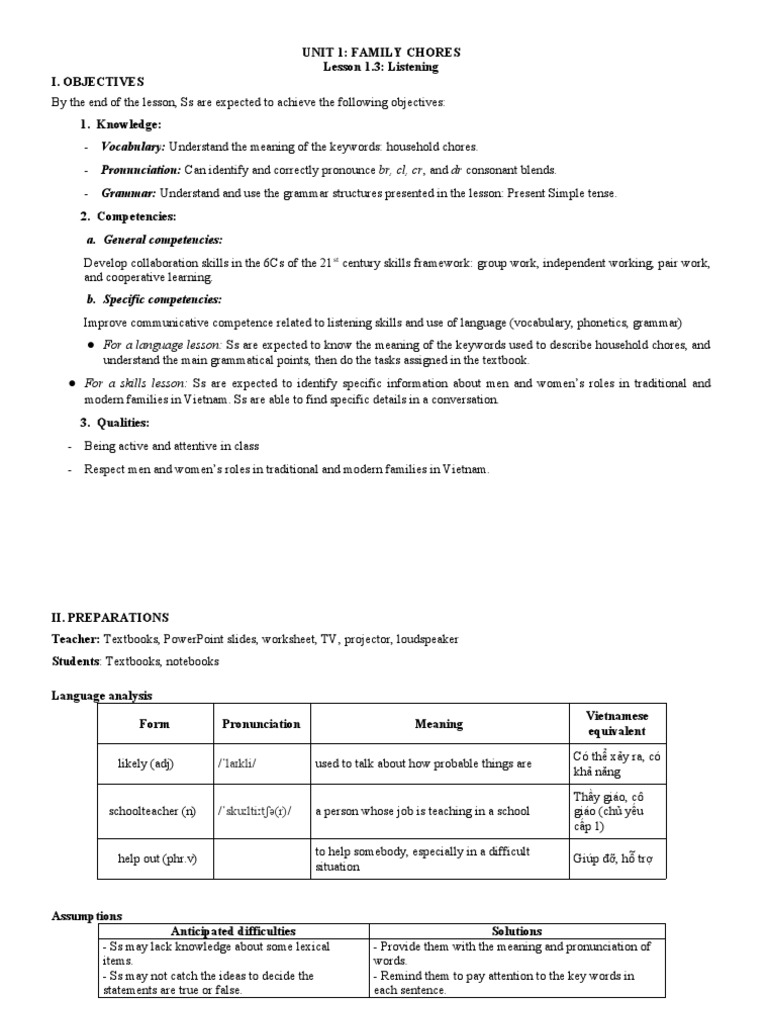 Listening Lesson on Family Chores | PDF | Language Arts & Discipline ...