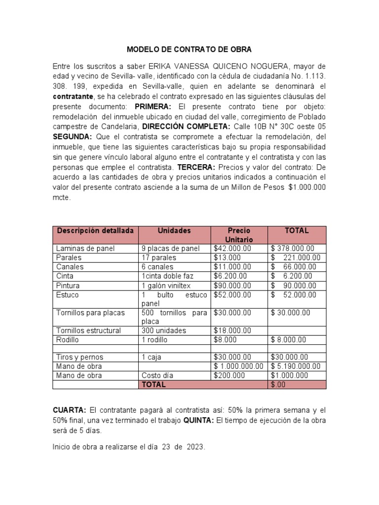 Modelo de Contrato de Obra 2023 | PDF