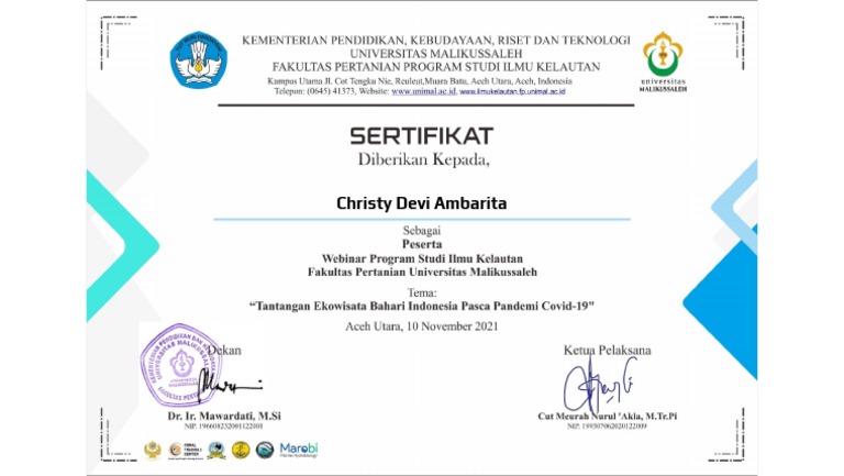 Sertifikat Webinar Ekowisata Christy Devi Ambarita | PDF