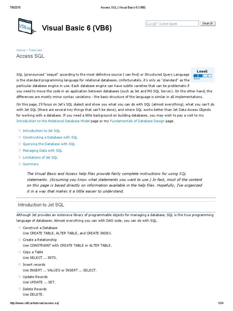 Access SQL - Visual Basic 6 (VB6) | PDF | Database Index | Sql