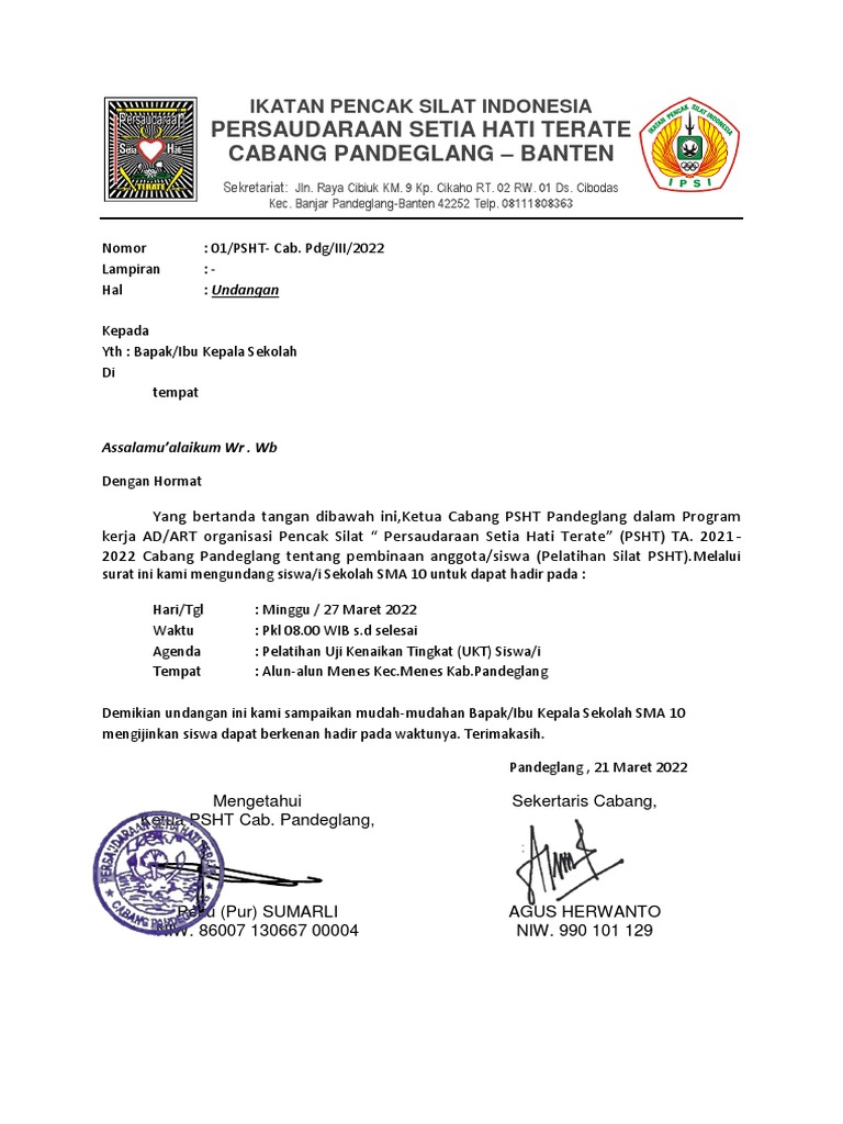 Undangan Pelatihan Pencak Silat PSHT untuk Siswa SMA 10 | PDF