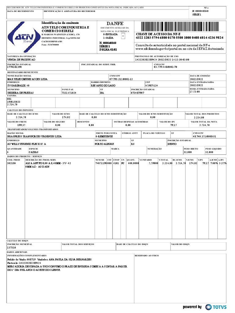 Nota fiscal de entrada de produtos da ATN Telecom para a Max ...