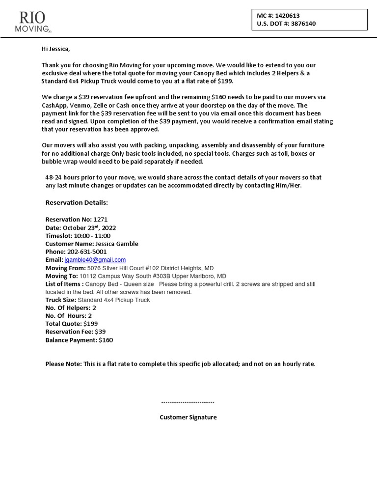 An Agreement for Moving Services Detailing Payment Terms, Insurance ...