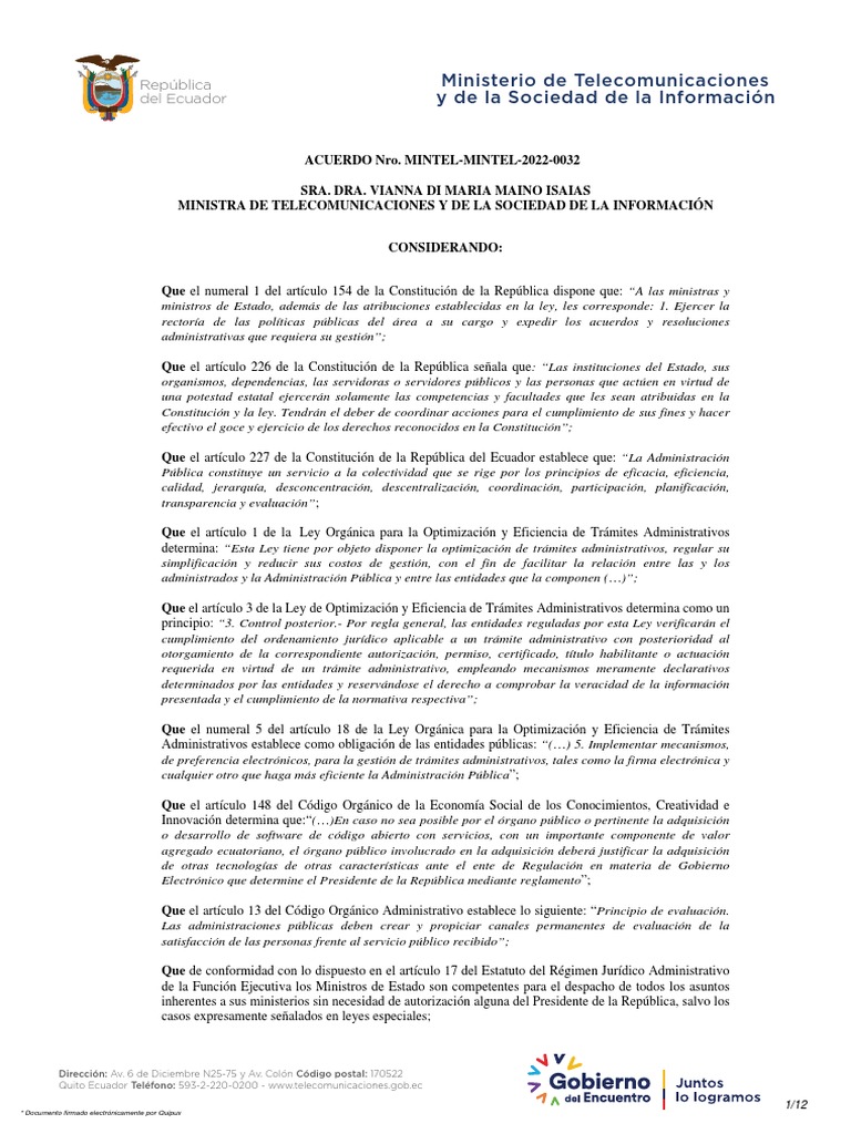 Acuerdo Ministerial MINTEL 2022 0032 | PDF | Gobierno E | Software