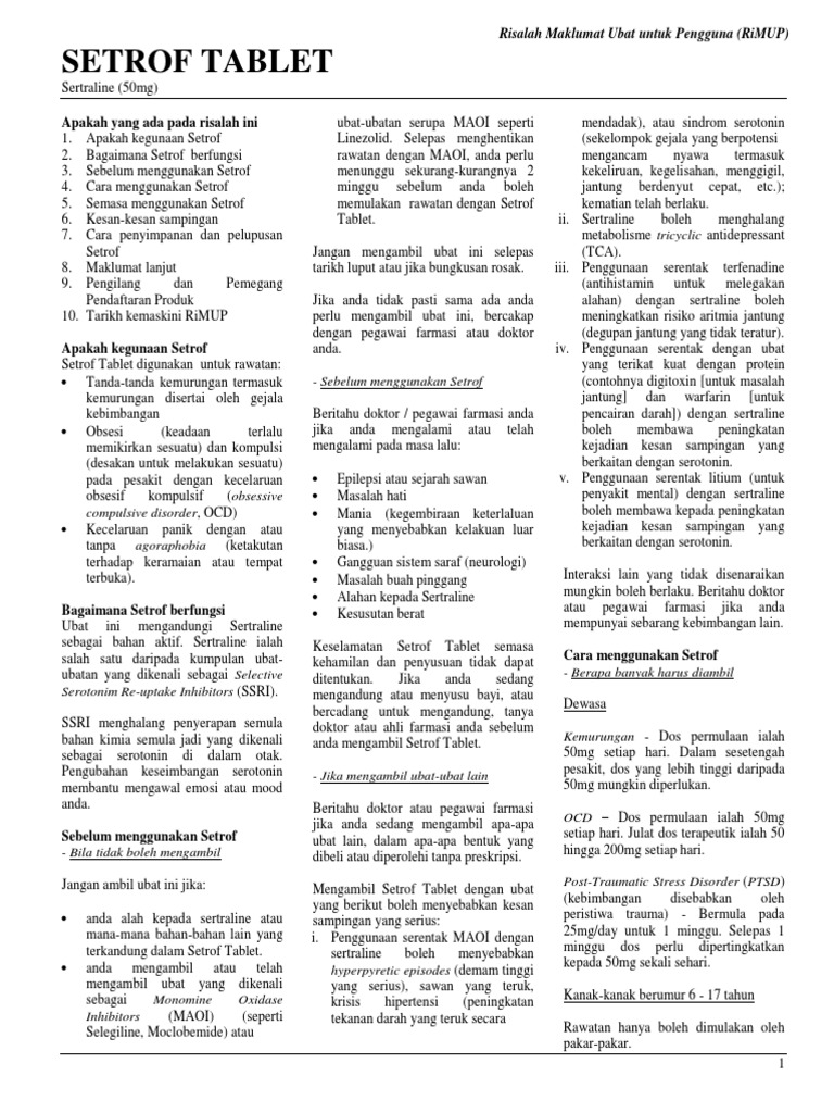 SETROF Tablet 50 MG (Sertraline) HOVID Bhd. 13july2015 BM | PDF