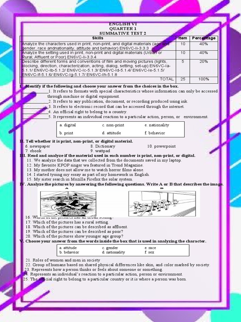 English 6 - Q1 - Summative Test #2 | PDF