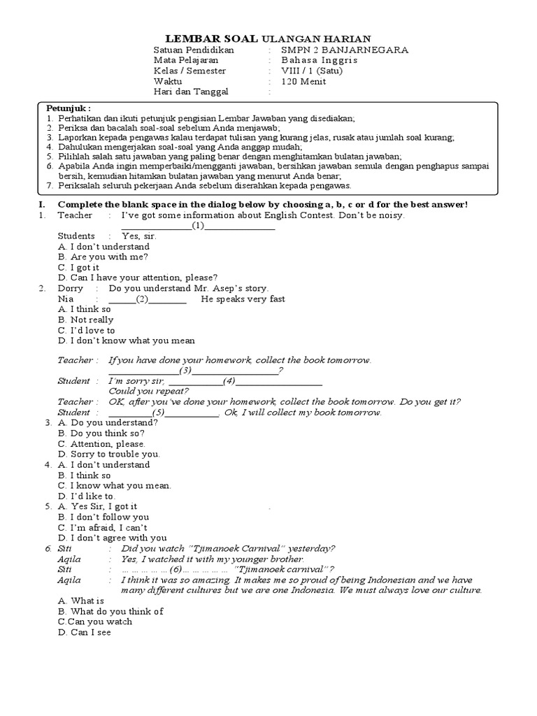 Soal UH B.Ing Kelas 8 | PDF