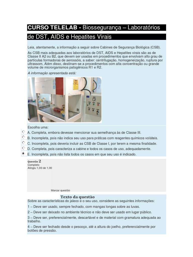 Prova TELELAB Biossegurança - Laboratórios de DST, AIDS e Hepatites ...