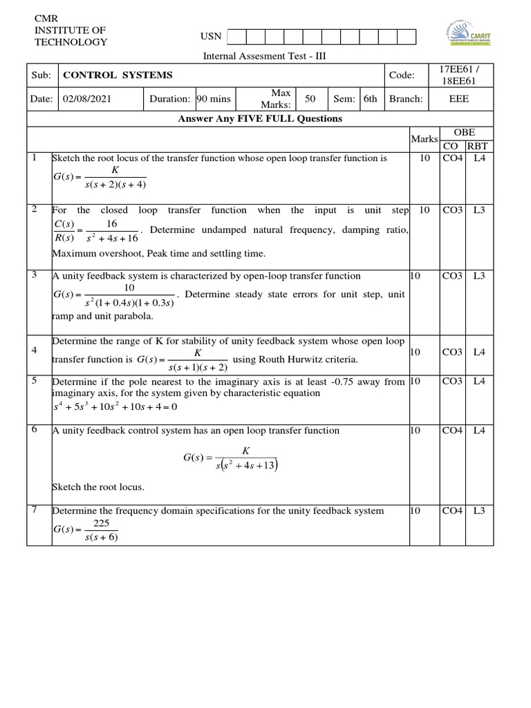IAT-III Question Paper With Solution of 18EE61 Control Systems July-2021-P.Velrajkumar | PDF ...