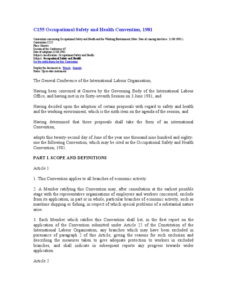 C155 Occupational Safety Convention Summary | PDF | International ...