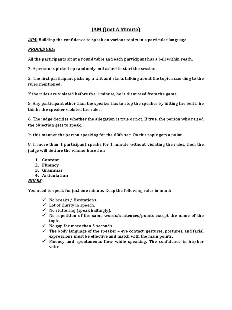 JAM (Just A Minute) | PDF | Speech | Body Language