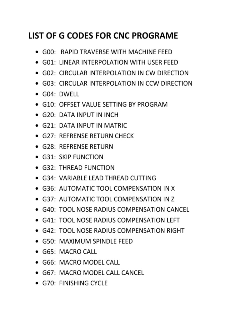 List of G Codes For CNC Programe | PDF List of G Codes For CNC Programe | PDF