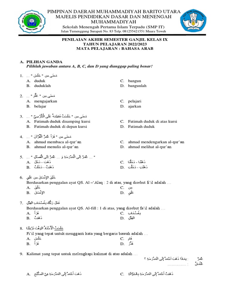 Soal Pas Ganjil Bahasa Arab IX | PDF