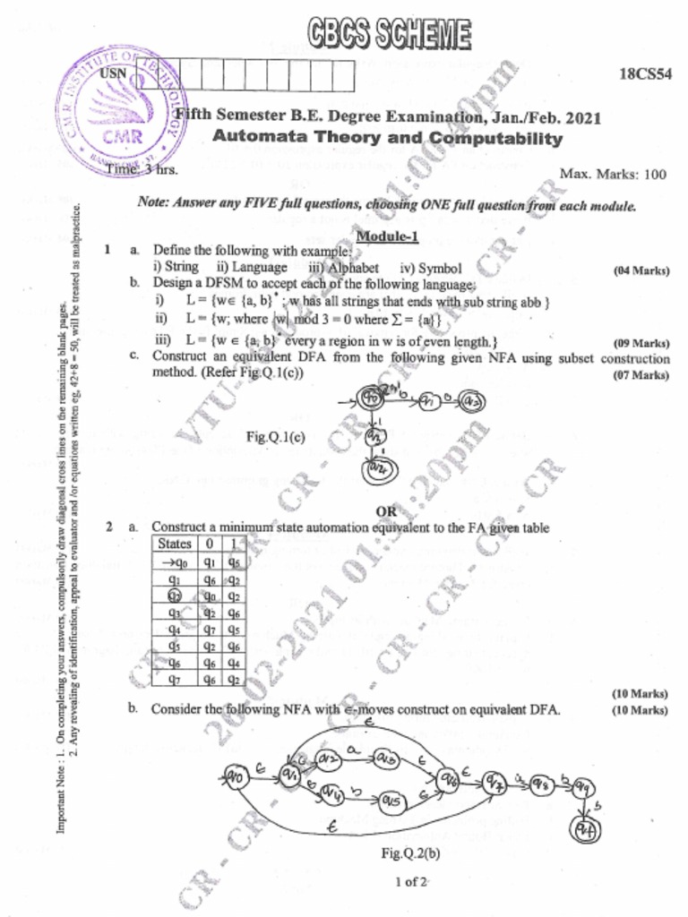 VTU Question Paper of 18CS54 Automata Theory and Computability Jan-2021 | PDF