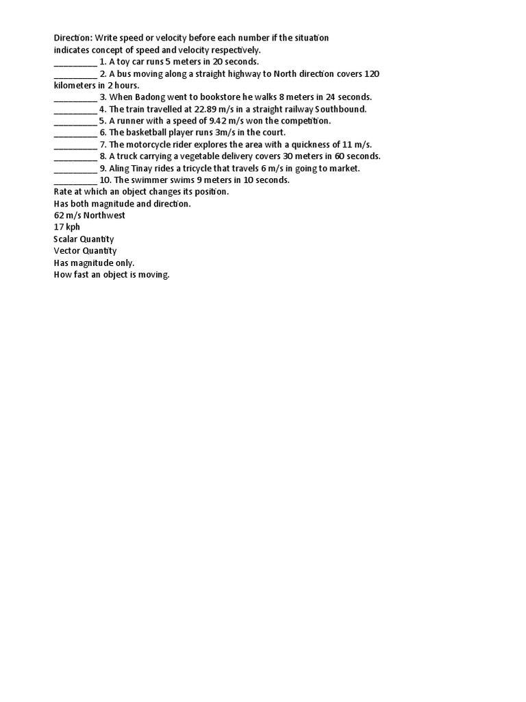 Q3 Quiz Speed and Velocity | PDF