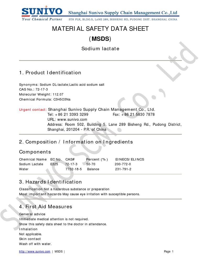 Sodium lactate MSDS safety summary | PDF | Waste | Carbon Dioxide