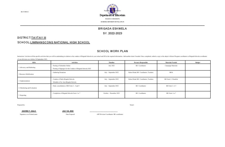 Sdopal Be Form 2 School Work Plan | PDF