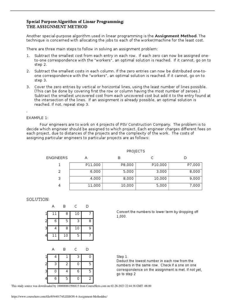 LESSON 4 Assignment Method | PDF | Linear Programming | Mathematical Analysis