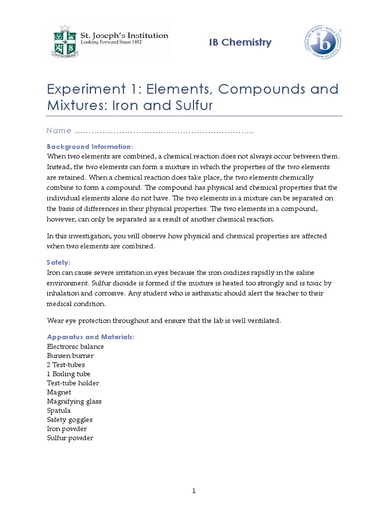 Experiment 1 - Elements Compounds and Mixtures | PDF | Chemical ...