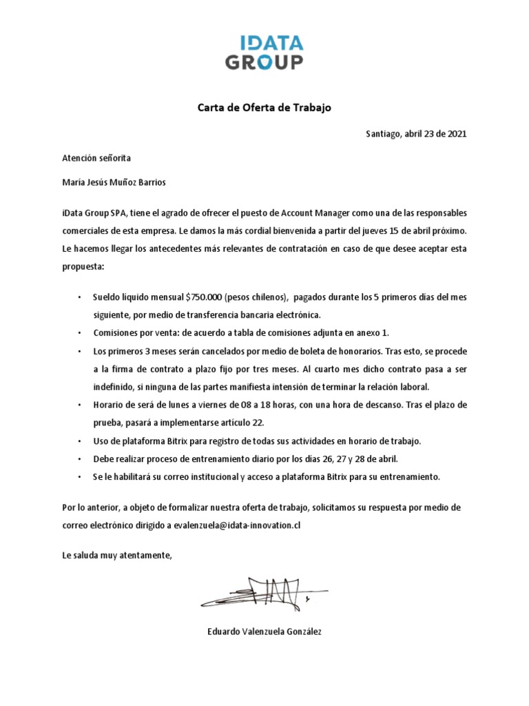 Carta de Oferta de Trabajo María Jesús Muñoz | PDF