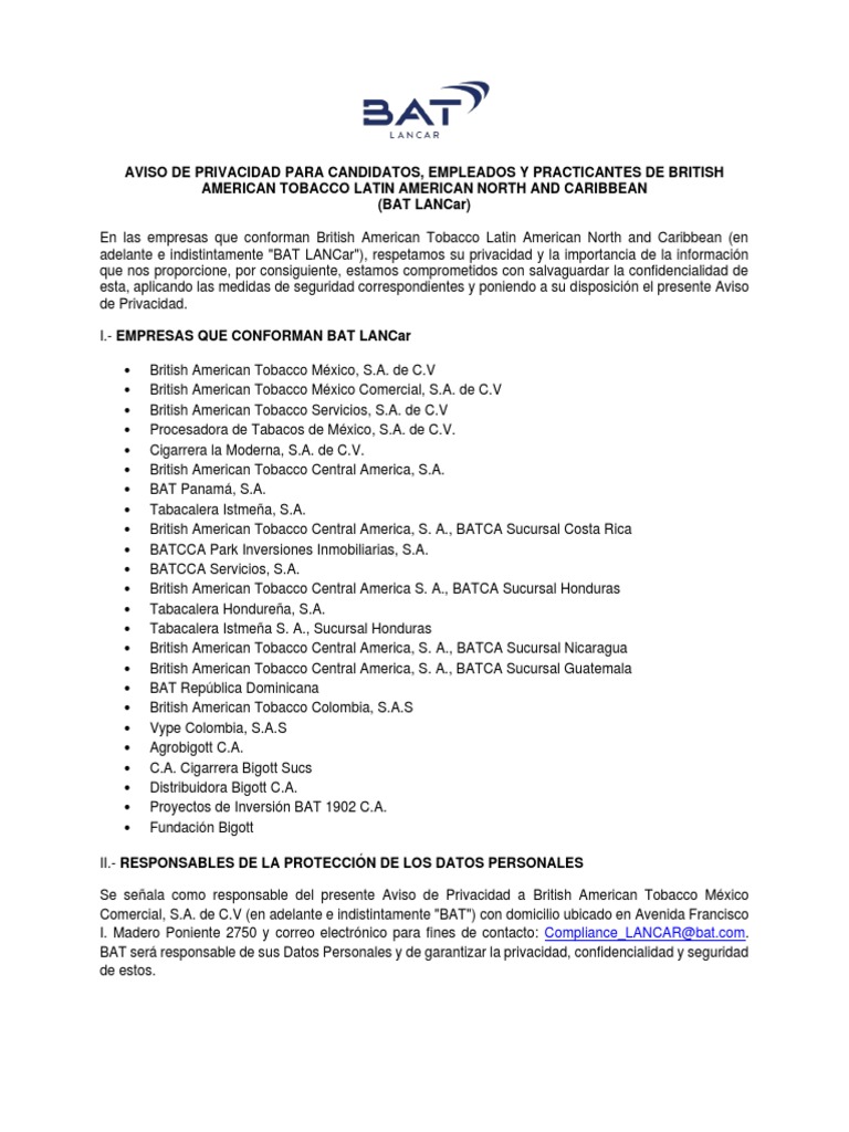 AvisodePrivacidad BatComercial2 | PDF | Finanzas y dinero | Derecho