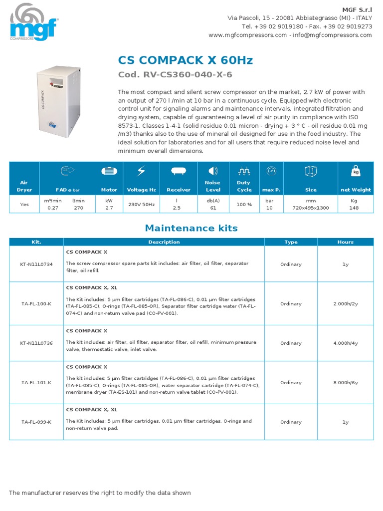 MGF CS COMPACK X 60Hz ENG | PDF | Filtration | Equipment