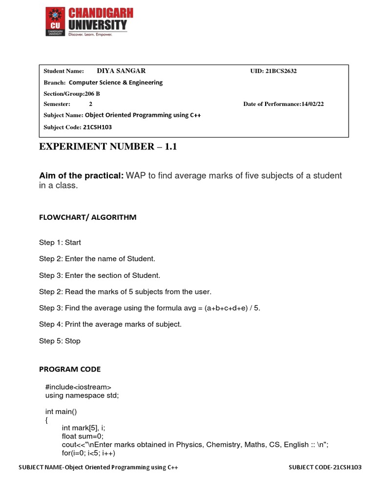 C++ Exp 1.1 Diya 1.A | PDF | Computer Program | Programming