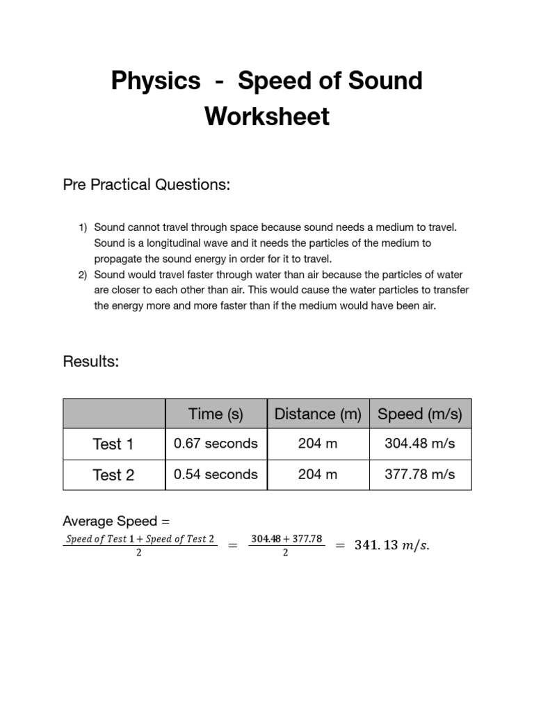 Physics - Speed of Sound Worksheet - Complete | Download Free PDF ...