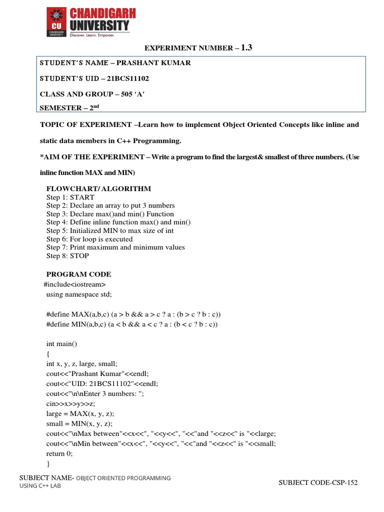 21BCS11102 - Prashant Kumar C++ 1.3 | PDF | C++ | Programming