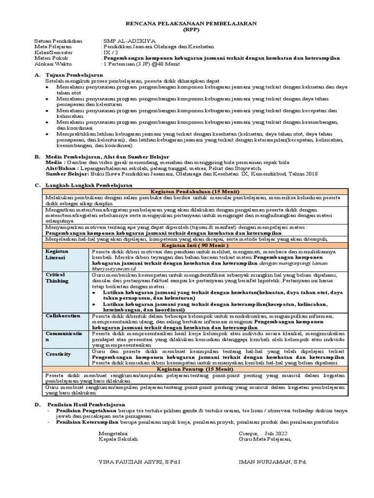 12. Rpp 1 Lembar Pjok Kelas 9 - Kebugaran Jasmani | PDF