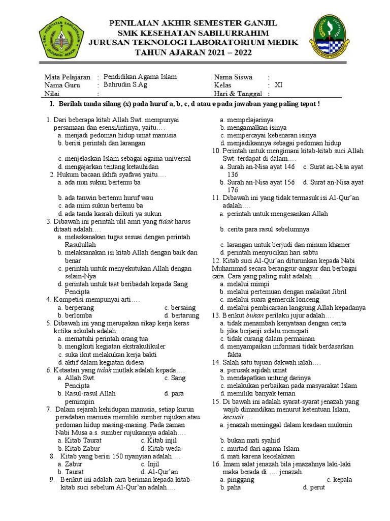 Soal PAS UAS PAI Kelas 11 Semester 1 | PDF
