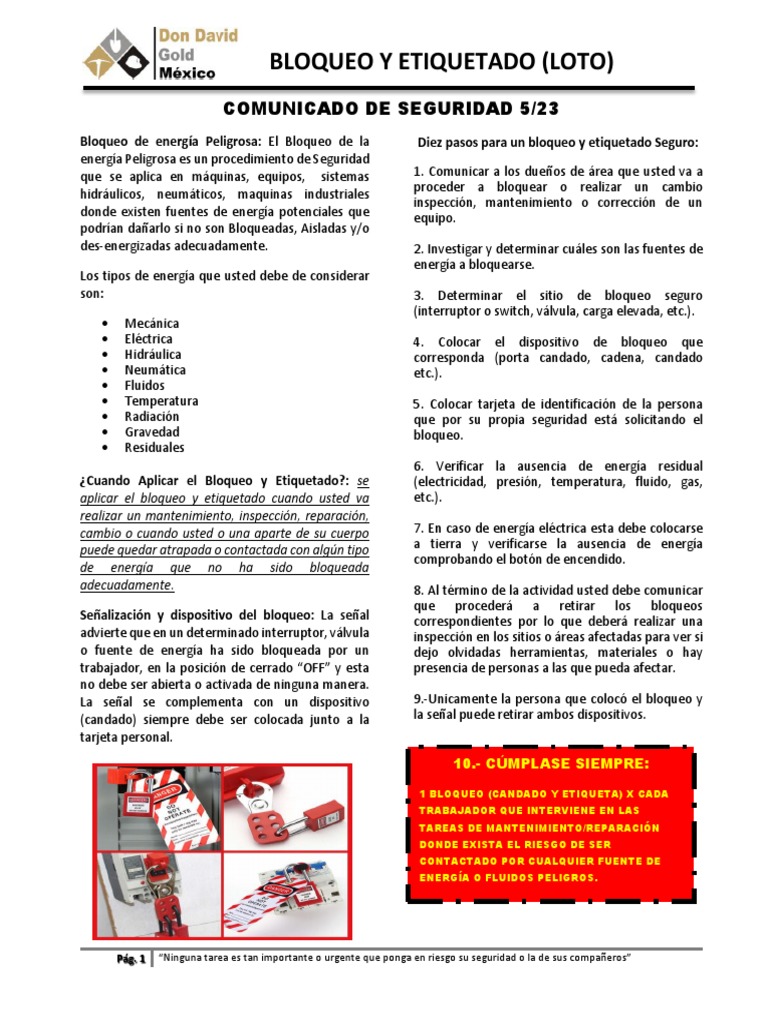 Comunicado de Seguridad 05 Bloqueo de Energias o Fluidos Peligrosos ...