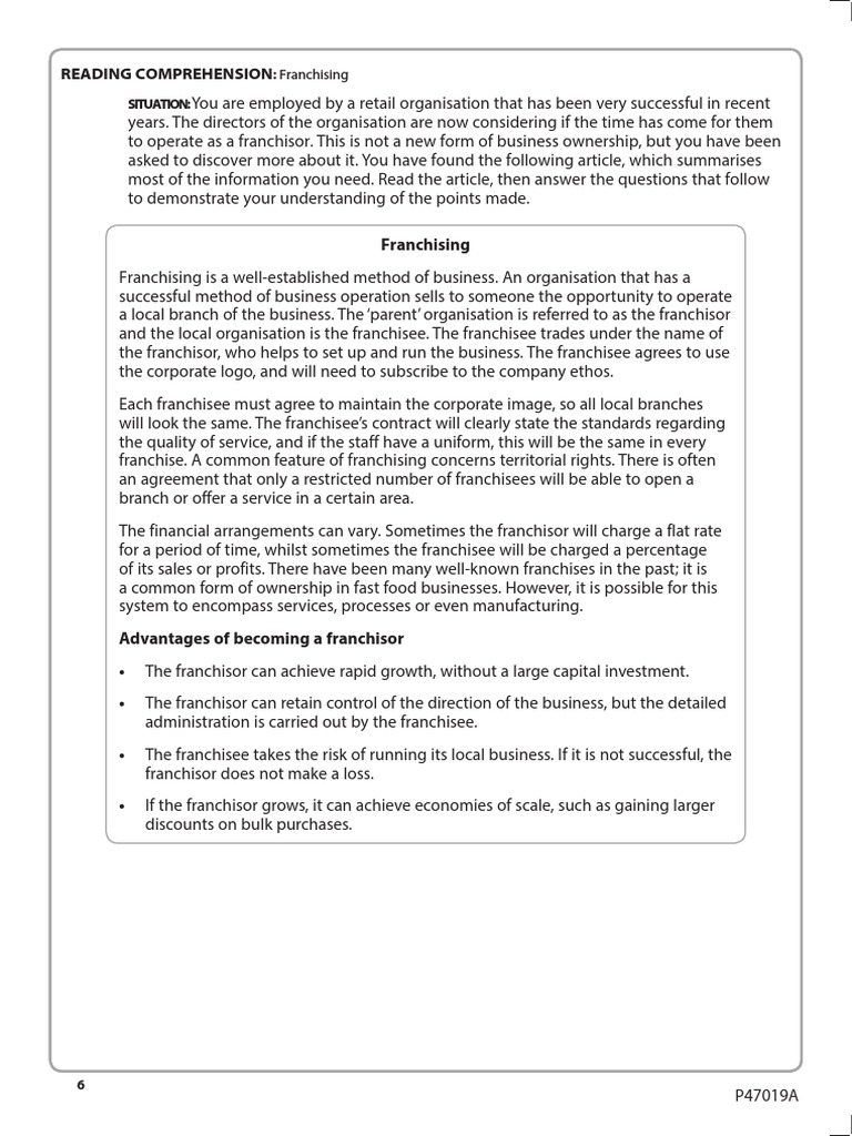 Reading Comprehension - Franchising | PDF | Franchising | Service ...
