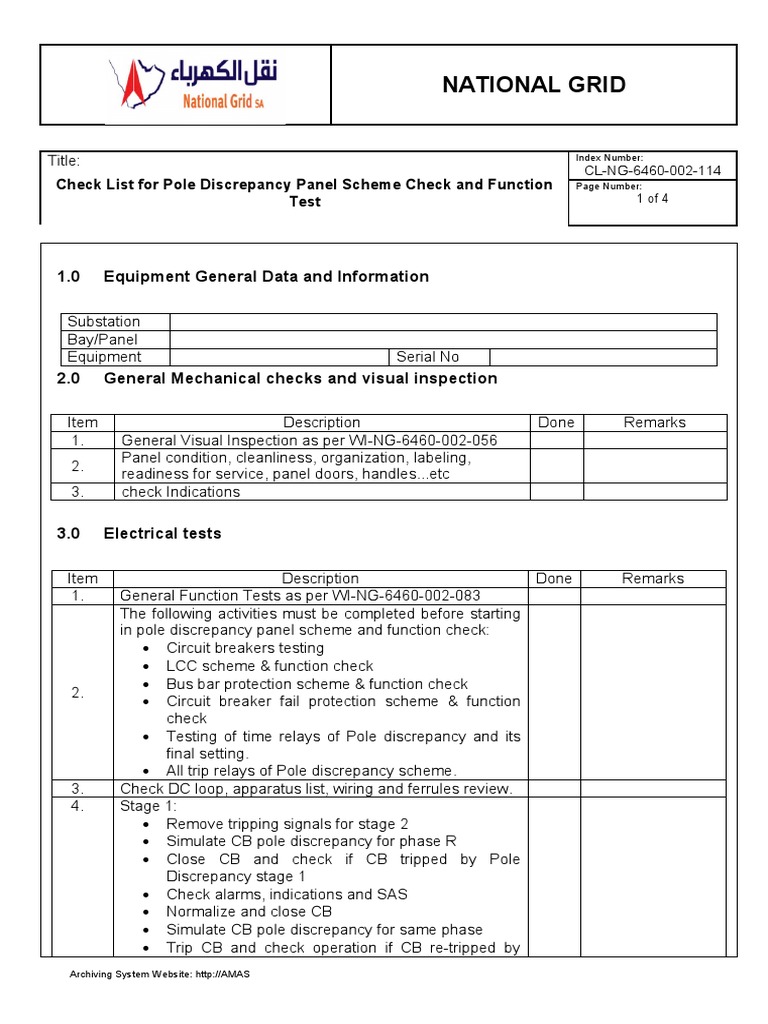 Checklist For Pole Discrepancy Panel Scheme Check and Function Test ...