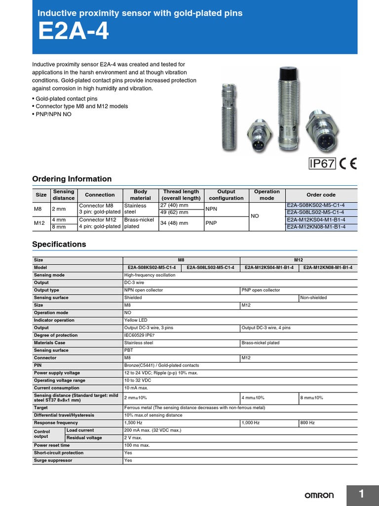 D16e E2a-4 Inductive Proximity Sensor With Gold-Plated Pins Datasheet ...