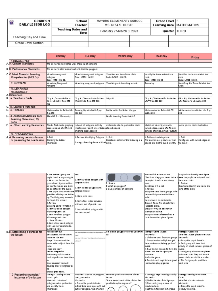 DLL - MATH 5 - Q3 - Week 3edited | PDF | Circle | Shape