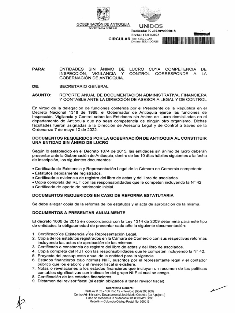 Circular Expedida Por La Gobernación de Antioquia para Cumplimiento Normativo ESAL 2023 | PDF ...