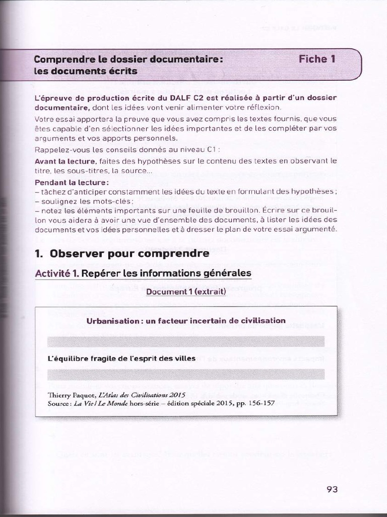 Dalf C2 Comprendre Le Dossier Documentaire Doc Écrits | PDF