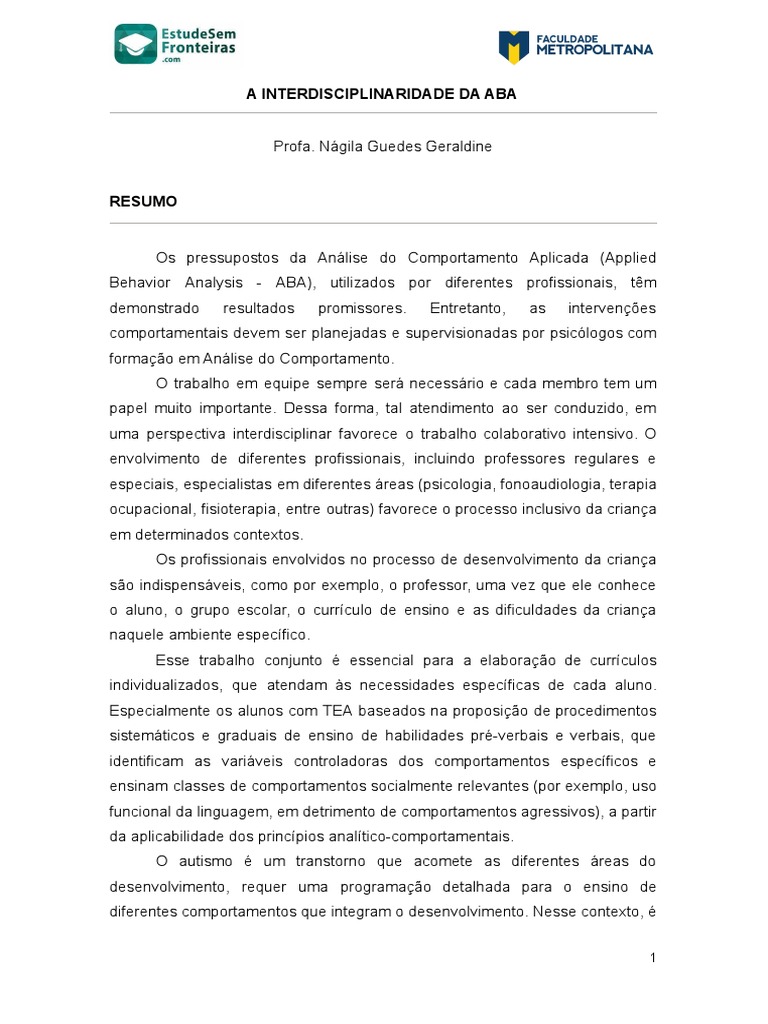 A Interdisciplinidade Da ABA-resumo | PDF | Espectro do autismo | Psicologia