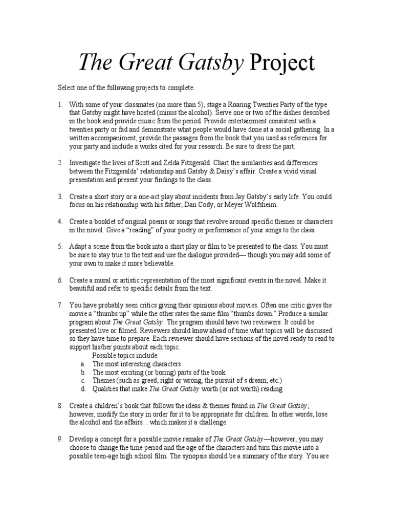 The Great Gatsby Project Ideas Pdf The Great Gatsby